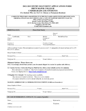 Fillable Online 2012-2013 ENTRY DOCUMENT APPLICATION FORM BRYN MAWR ...