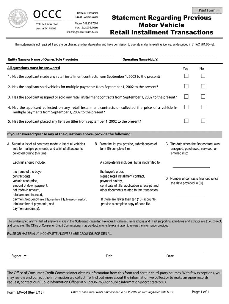Fillable Online Statement of Retail Installment Contracts Fax Email ...