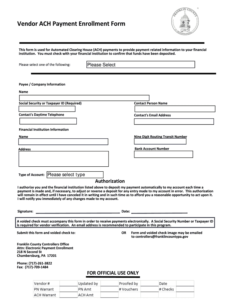 Fillable Online Vendor ACH Payment Enrollment Form Fax Email Print ...