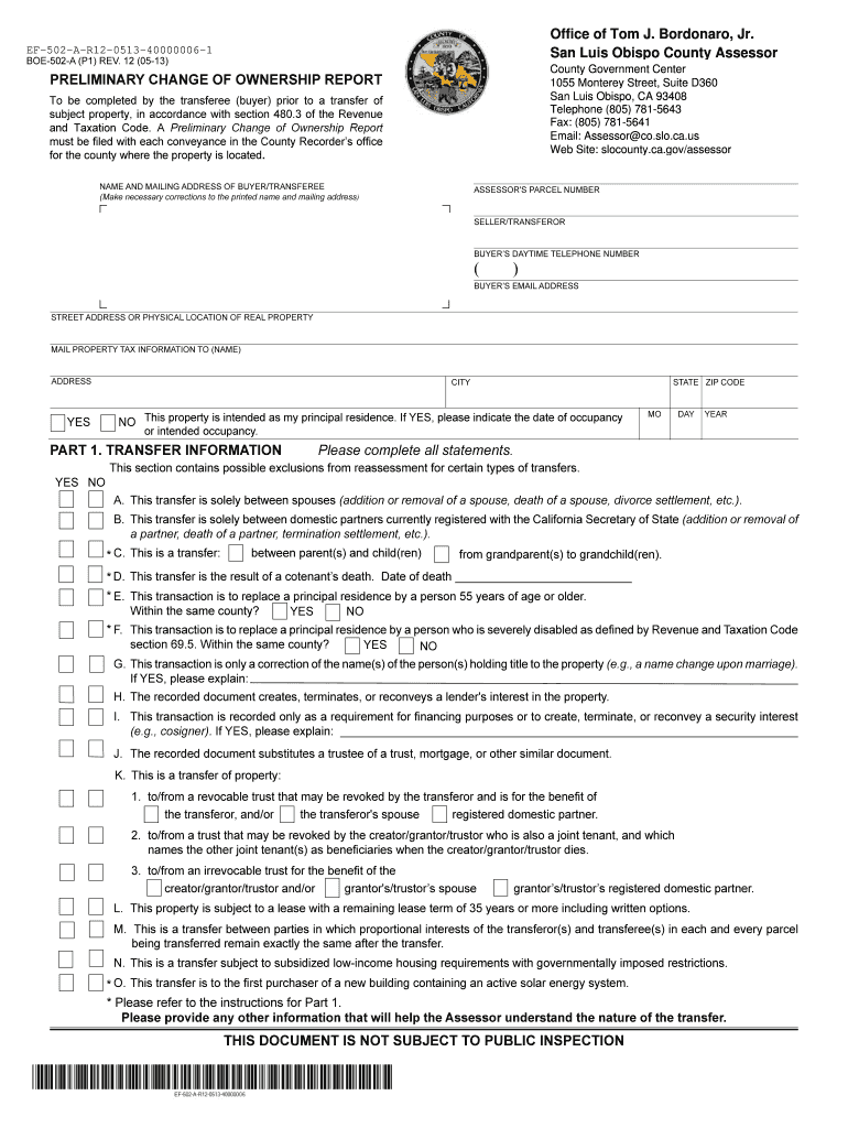 Fillable Online slocounty ca To be completed by the transferee (buyer) prior to a transfer of ...