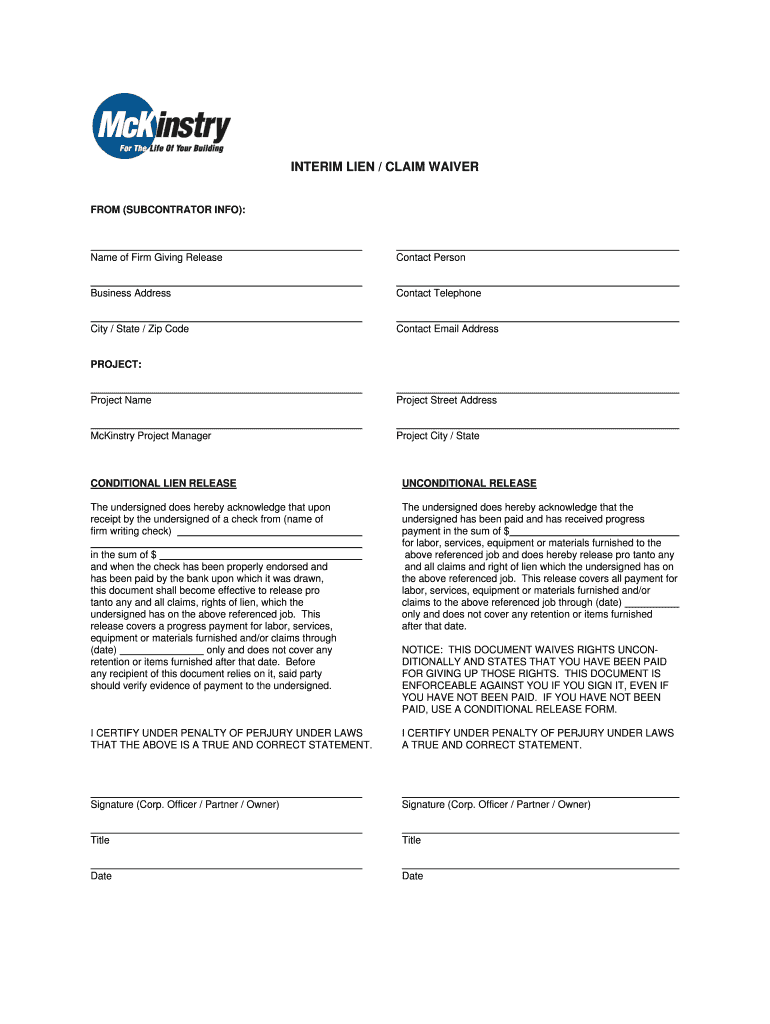 Fillable Online INTERIM LIEN CLAIM WAIVER Fax Email Print - pdfFiller