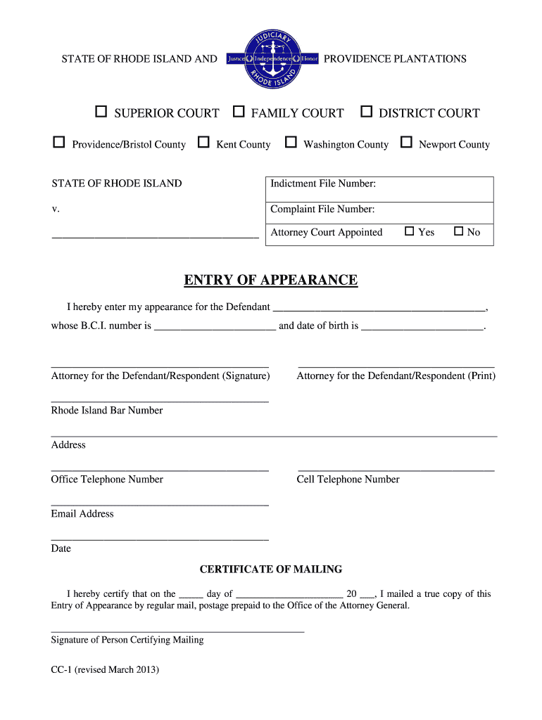Fillable Online courts ri Entry of Appearance - Criminal Fax Email ...