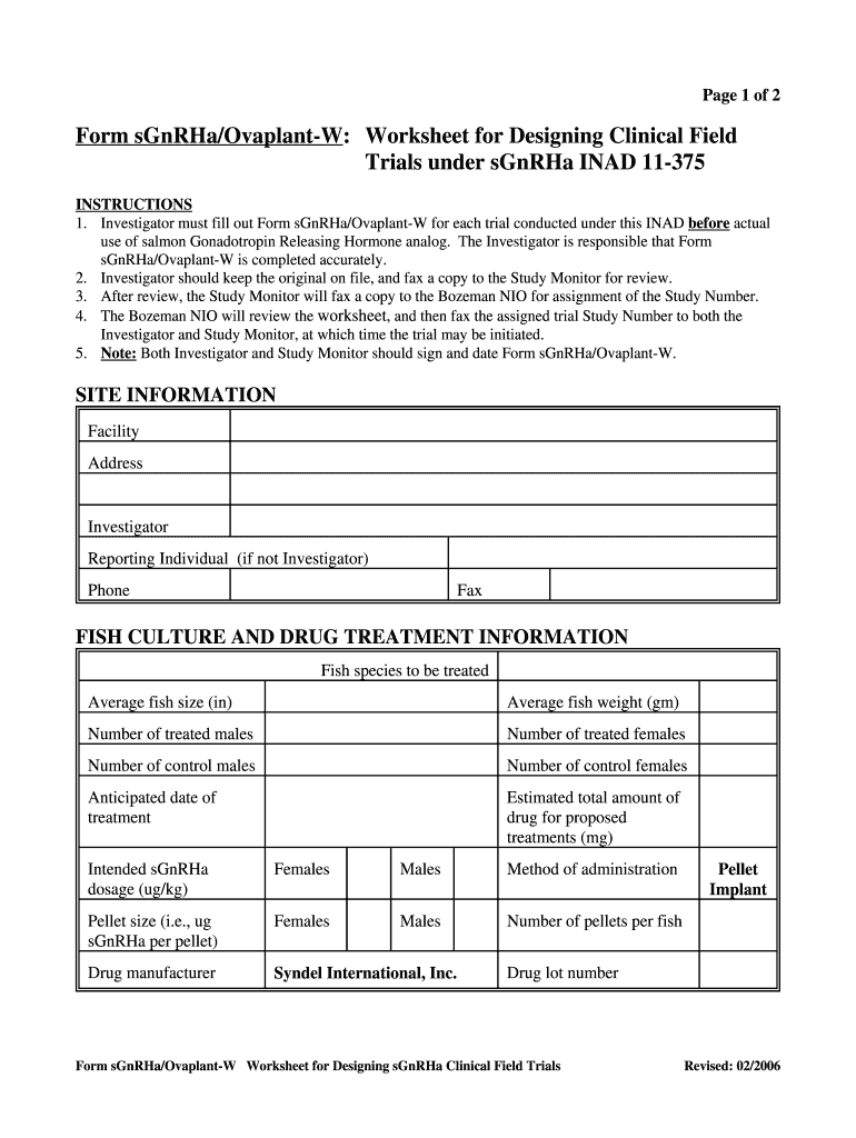 Fillable Online fws Form sGnRHaOvaplant-W Worksheet for Designing Clinical Field Fax Email Print ...