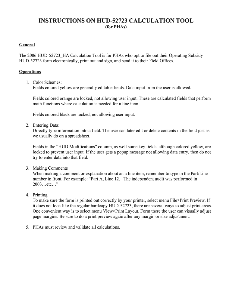 Fillable Online hud INSTRUCTIONS ON HUD-52723 CALCULATION TOOL - hud ...