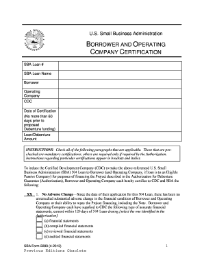 Fillable Online sba BORROWER AND OPERATING COMPANY CERTIFICATION Fax ...