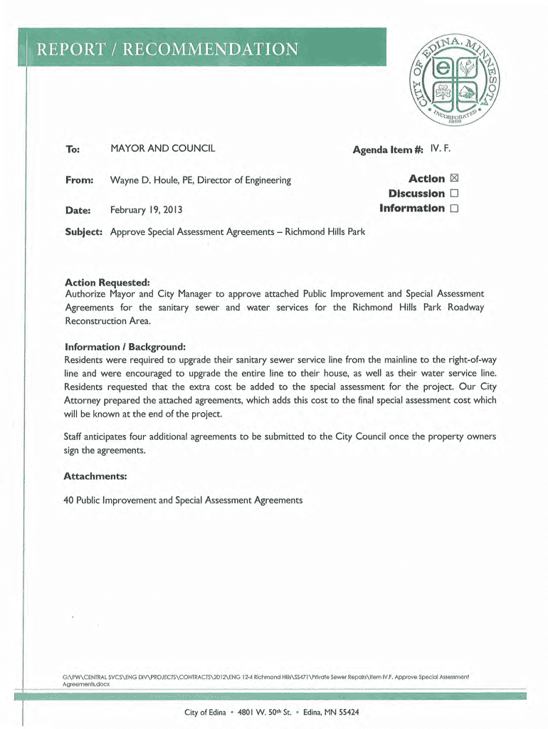 Fillable Online edinamn REPORT / RECOMMENDATION To: MAYOR AND COUNCIL ...