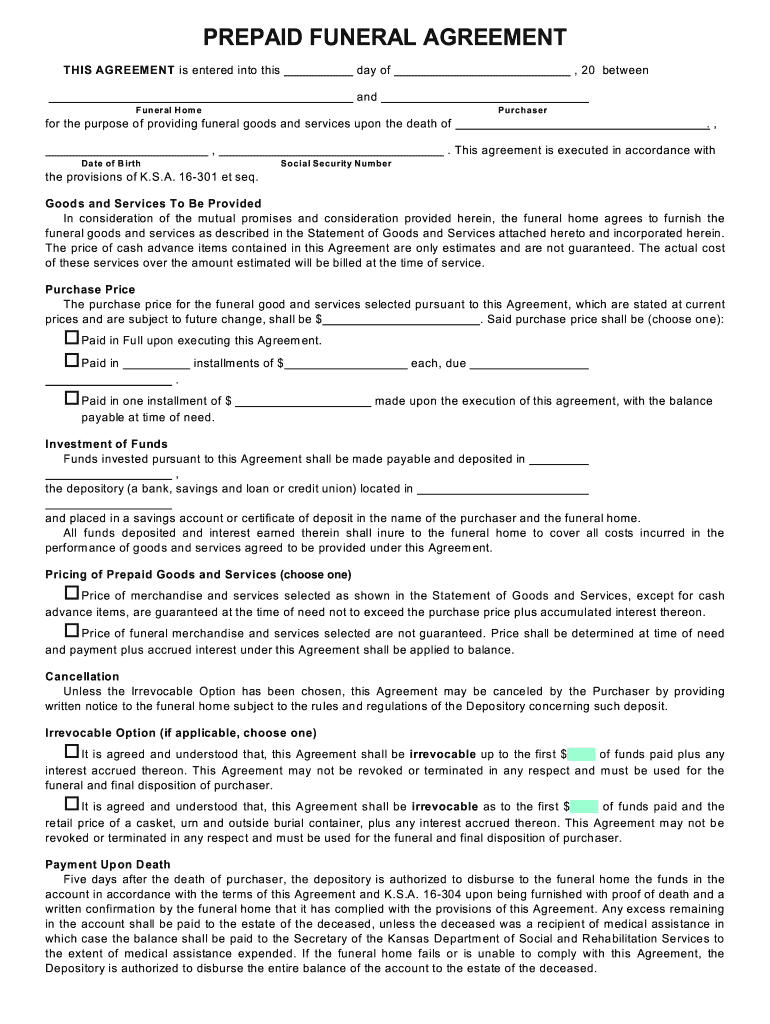 Fillable Online Prepaid Funeral Agreement. Prepaid Funeral Agreement ...