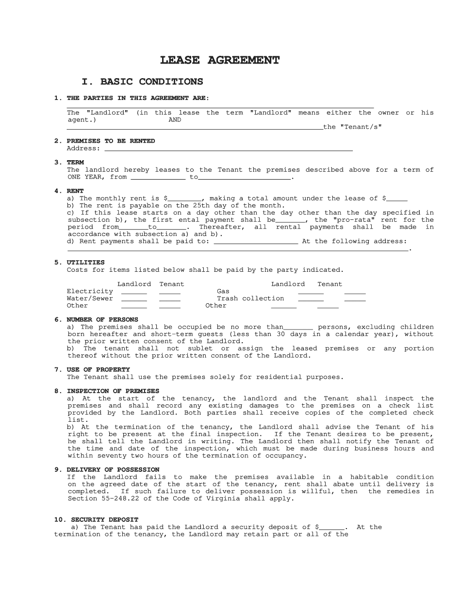 My Lease Agreement Printable Blank PDF Online