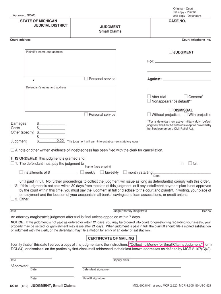 Fillable Online courts mi Judgment, Small Claims - courts mi Fax Email ...