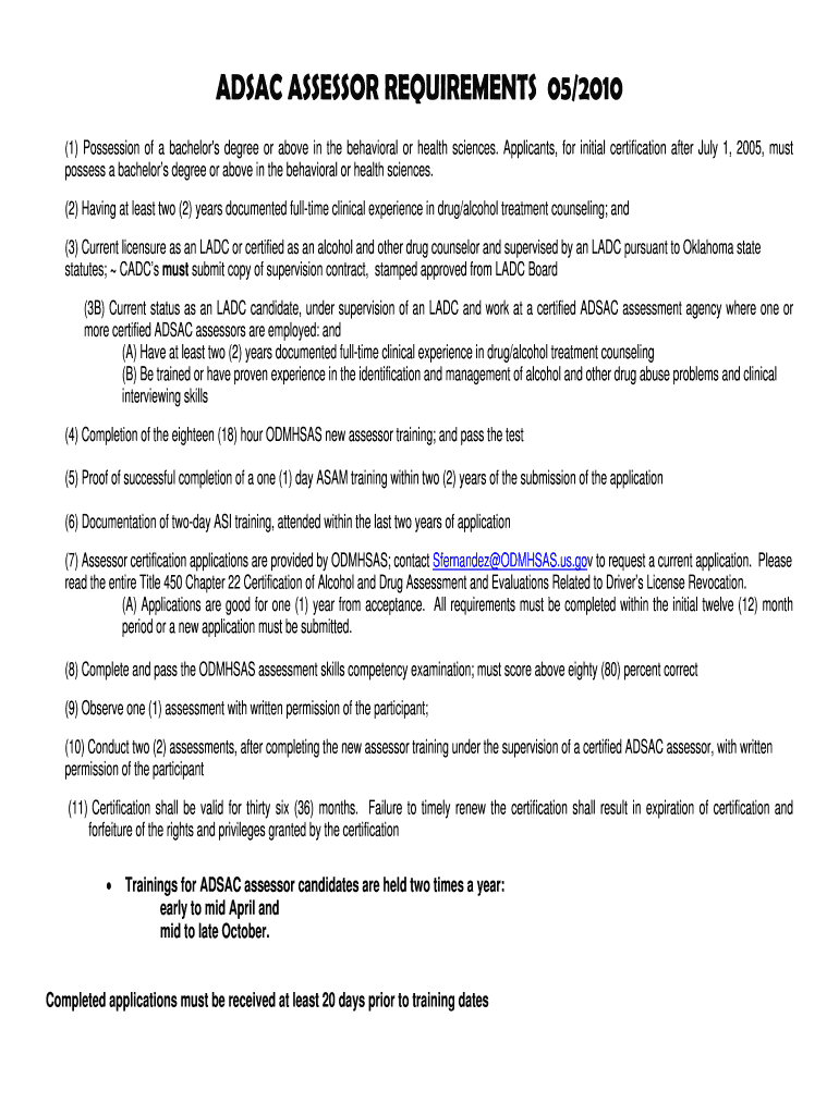 Fillable Online Requirements for ADSAC Assessor - ok Fax Email Print ...