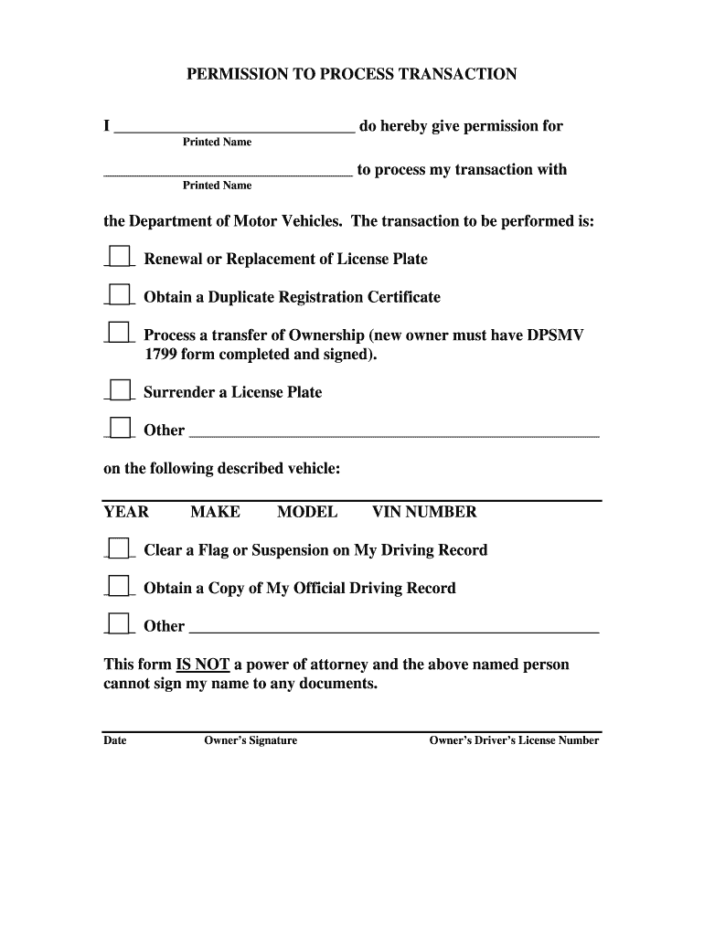 Fillable Online web01 dps louisiana PERMISSION TO PROCESS TRANSACTION ...