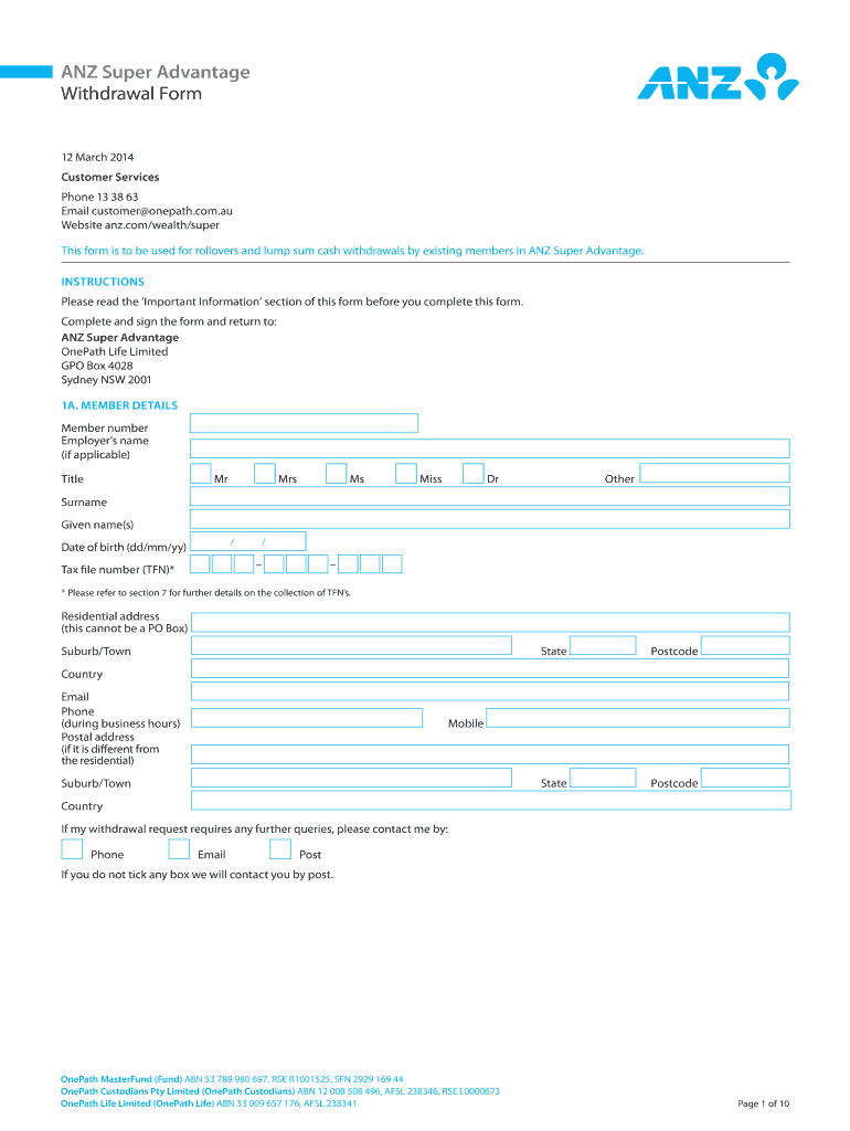 Fillable Online ANZ OneAnswer Personal Super and Pension Product ...