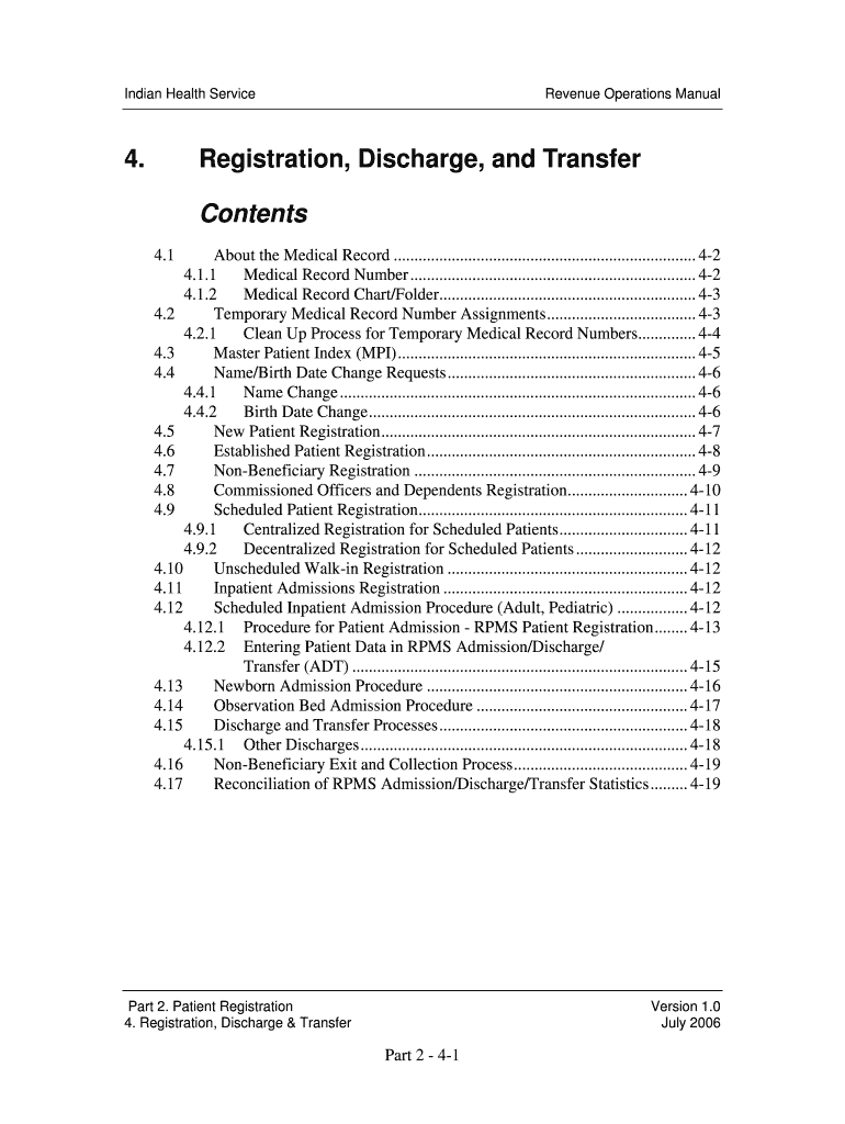 Fillable Online ihs 4. Registration, Discharge, and Transfer - ihs Fax ...