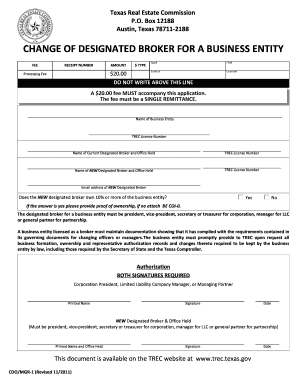 Fillable Online trec texas Box 12188 Austin, Texas 78711-2188 CHANGE OF ...