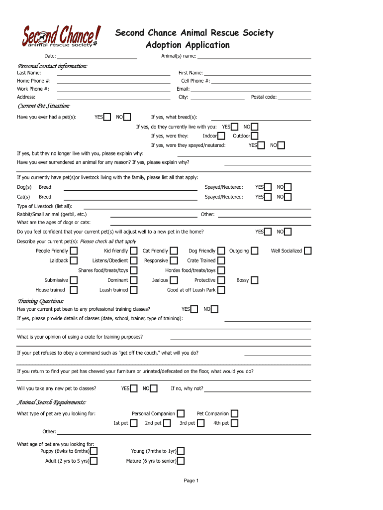 Second Chance Animal Rescue Society Adoption Application - Blank ...