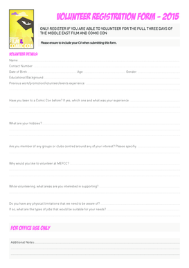 Fillable Online VOLUNTEER REGISTRATION FORM - 2015 ONLY REGISTER IF YOU ...