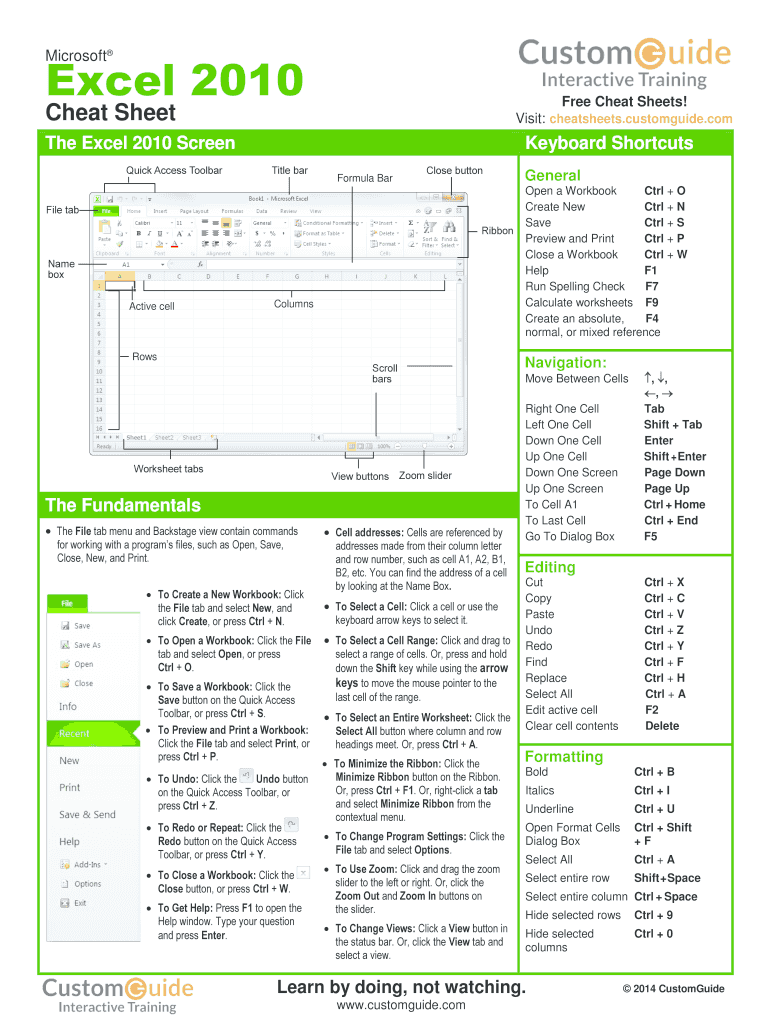 Fillable Online colorado Excel 2010 Cheat Sheet - CustomGuide Fax Email ...