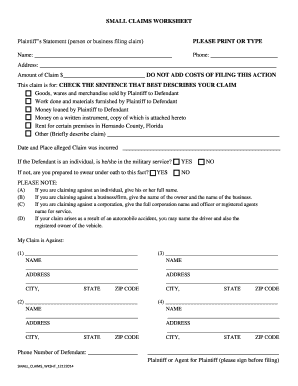 Fillable Online SMALL CLAIMS WORKSHEET Fax Email Print - pdfFiller