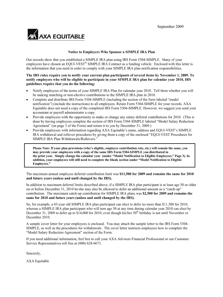 Fillable Online Notice to Employers Who Sponsor a SIMPLE IRA Plan Our ...