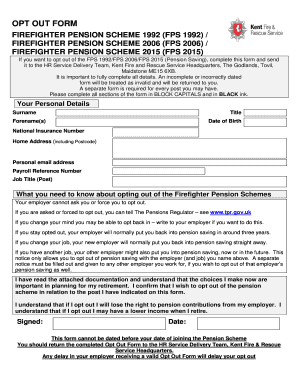 Fillable Online Firefighter Pension Schemes - Opt out form. Firefighter ...