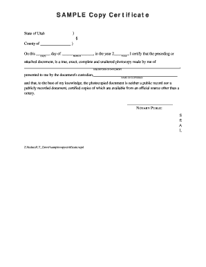 Fillable Online notary utah SAMPLE Copy Certificate - notary utah Fax ...