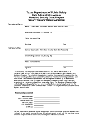 Fillable Online dps texas Property Transfer Record Agreement (PDF) Fax ...