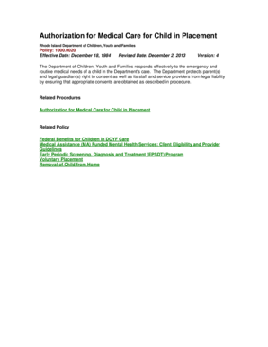 Fillable Online dcyf ri Authorization for Medical Care for Child in ...
