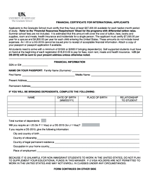 Fillable Online research uky FINANCIAL CERTIFICATE FOR INTERNATIONAL ...