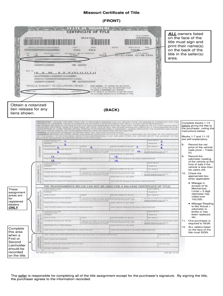Fillable Online dor mo Missouri Certificate of Title - dor mo Fax Email ...