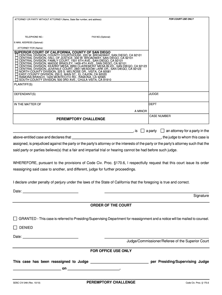 Fillable Online sdcourt ca PEREMPTORY CHALLENGE PEREMPTORY CHALLENGE ...