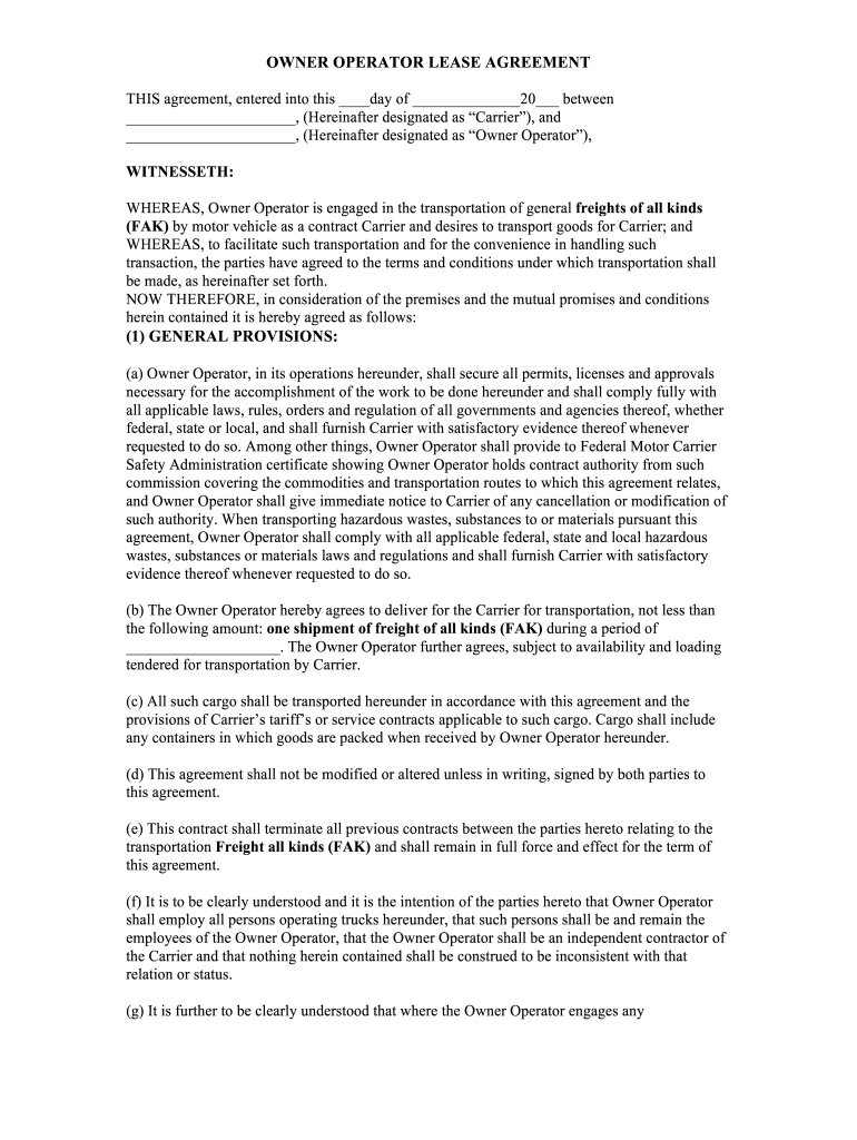 Owner Operator Lease Agreement Form Pdf Printable Form Templates And 