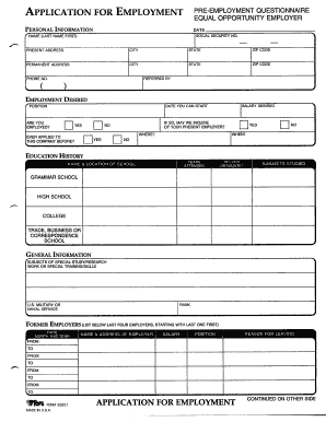 Fillable Online APPLICATION FOR EMPLOYMENT PRE-EMPLOYMENT QUESTIONNAIRE ...