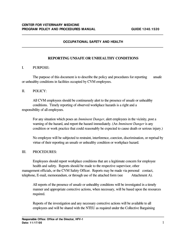 Fillable Online fda REPORTING UNSAFE OR UNHEALTHY CONDITIONS I. PURPOSE ...