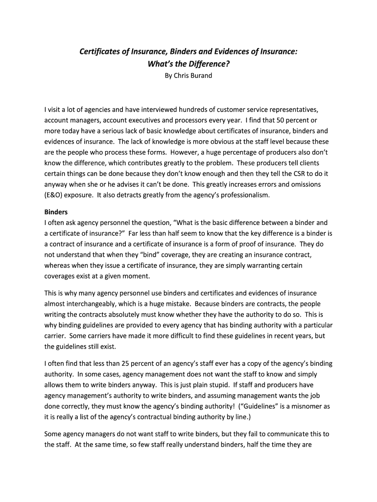 Fillable Online Certificates of Insurance, Binders and Evidences of ...