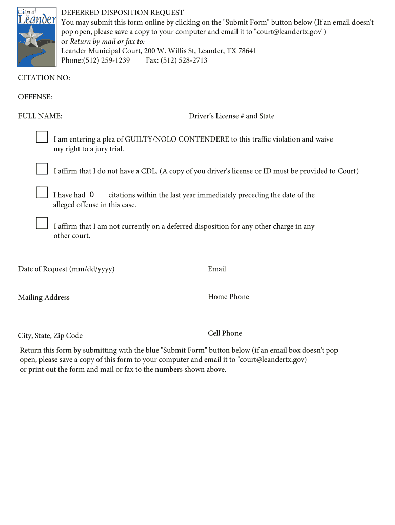 Fillable Online leandertx DEFERRED DISPOSITION Fax Email Print - pdfFiller