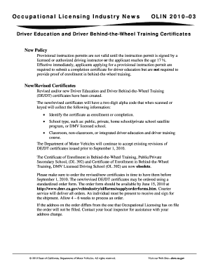 Fillable Online dmv ca OLIN 2010-03 Driver Education and Behind the ...