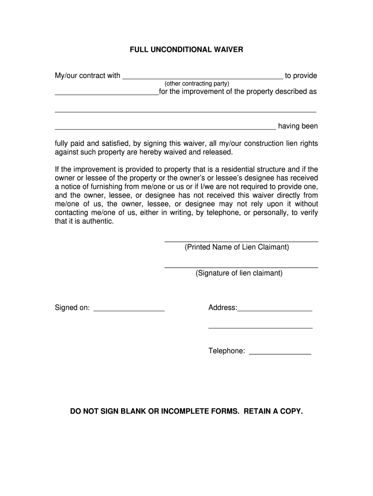 Printable Unconditional Lien Waiver Template Printable Templates