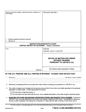 Fillable Online cacb uscourts NOTICE OF MOTION FOR ORDER Fax Email ...