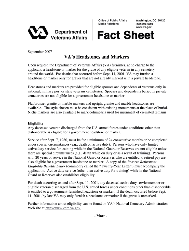 Fillable Online VA's Headstones and Markers - State of Michigan Fax ...