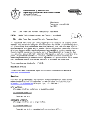 Fillable Online mass MassHealth Transmittal Letter AFC-14 April 2015 TO ...