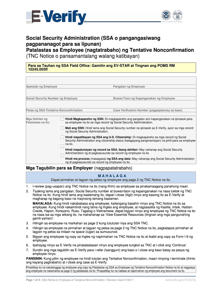 Fillable Online SSA TNC Notice - E-Verify Fax Email Print - pdfFiller