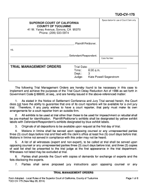 Fillable Online tuolumne courts ca TUO-CV-175 TRIAL MANAGEMENT ORDERS ...