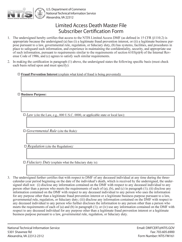 Fillable Online ntis DMF Certification. Certifies access to the NTIS Limited Access DMF is ...