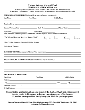 Fillable Online In Memory Application 2016 Fax Email Print - pdfFiller