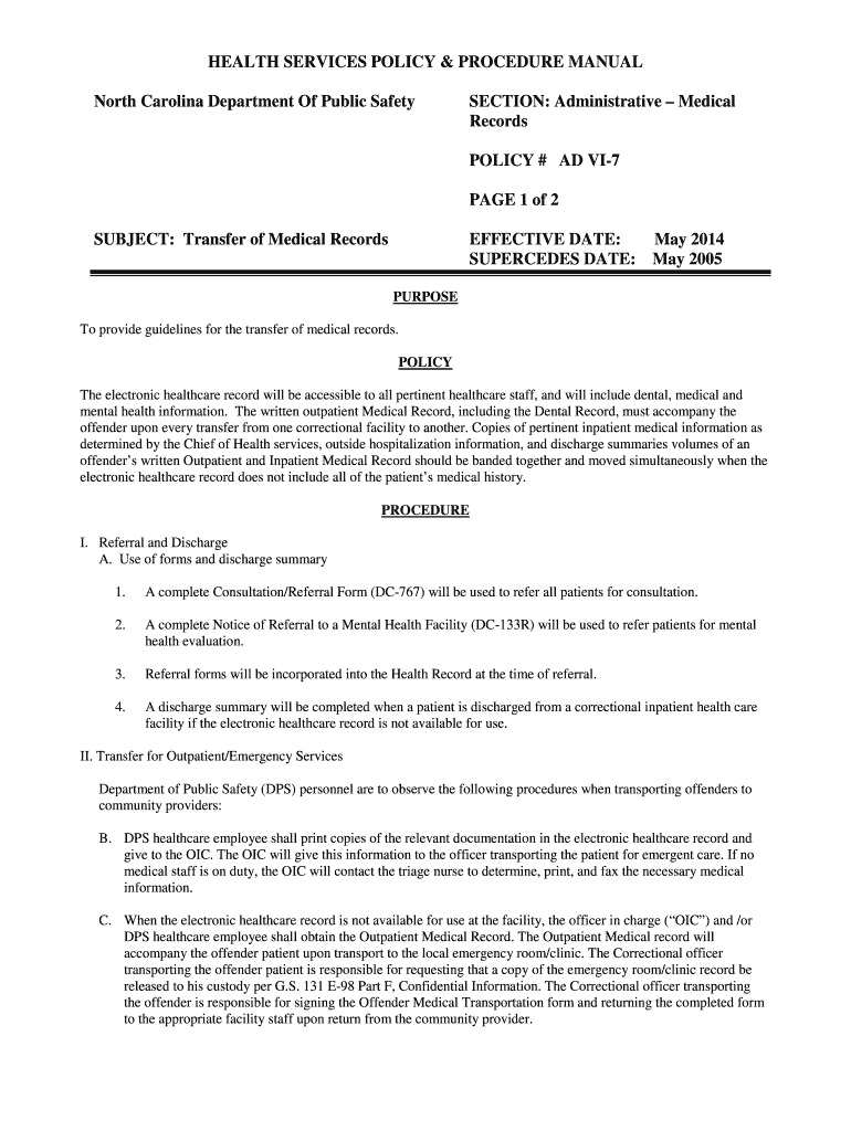 Fillable Online ncdps AD VI-7 Transfer of Medical Records - ncdps Fax ...