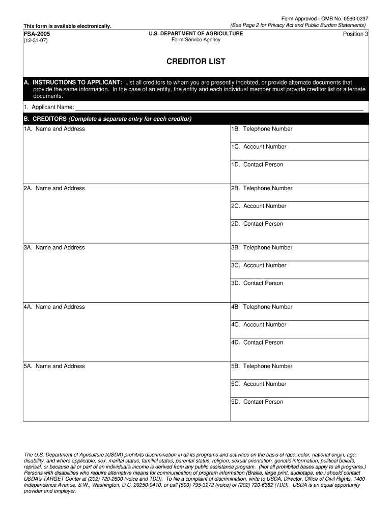 Fillable Online forms sc egov usda CREDITOR LIST - forms sc egov usda Fax Email Print - pdfFiller