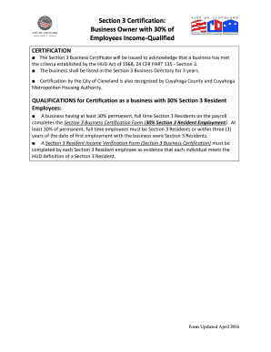 Fillable Online Section 3 Certification: Business Owner with 30% of ...