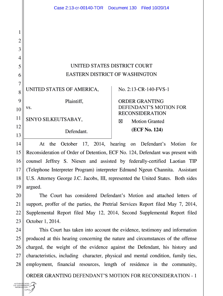 Fillable Online gpo Order granting defendant's motion for reconsideration Fax Email Print ...