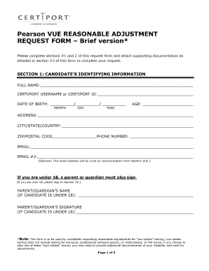 Fillable Online Pearson VUE REASONABLE ADJUSTMENT REQUEST ... - Certiport Fax Email Print ...