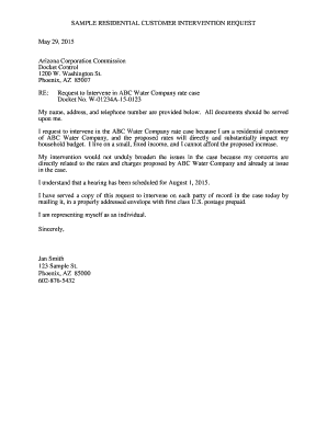 Fillable Online azcc SAMPLE RESIDENTIAL CUSTOMER INTERVENTION REQUEST ...